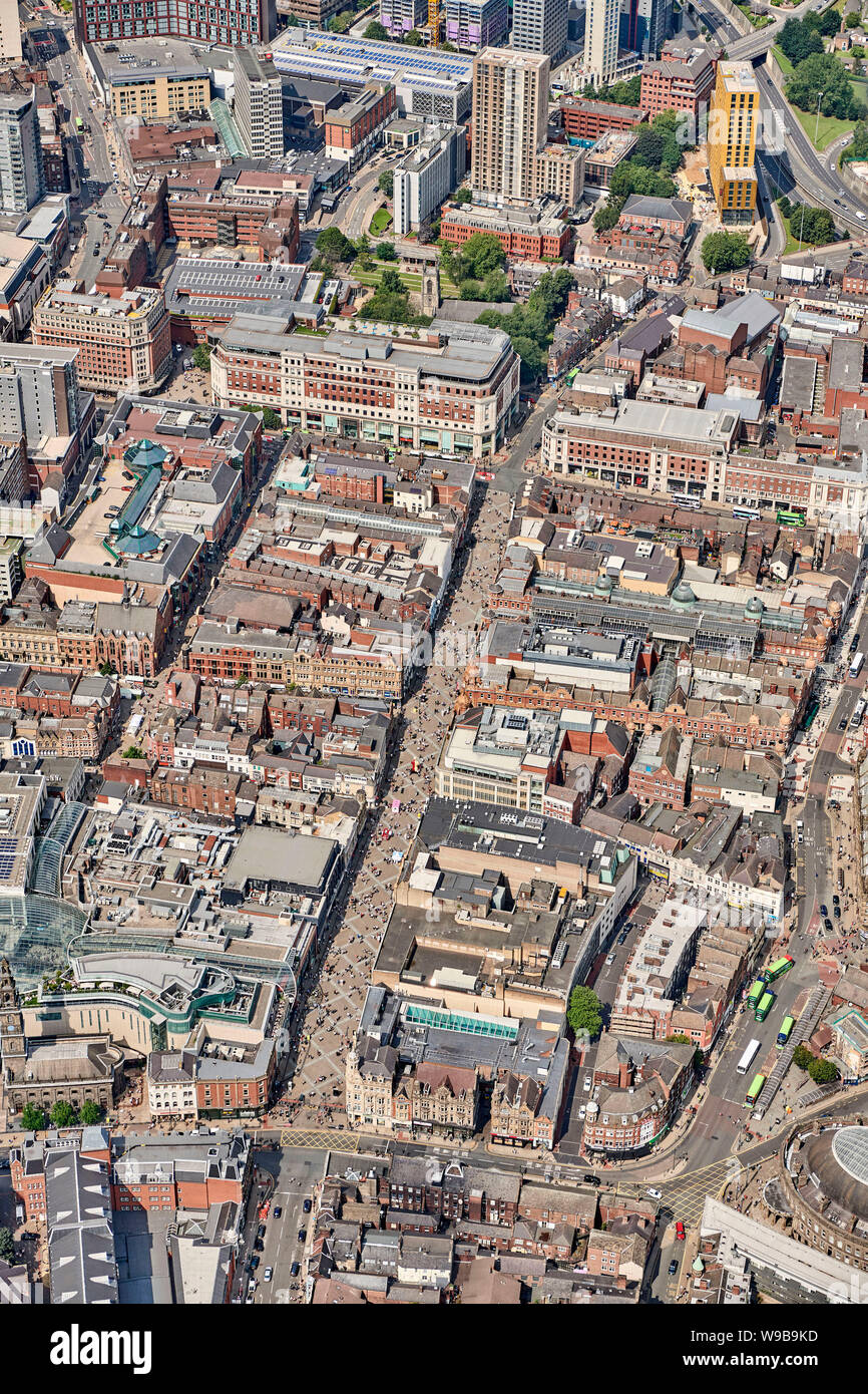 An aerial view of Briggate, the main retail street of Leeds City Centre ...