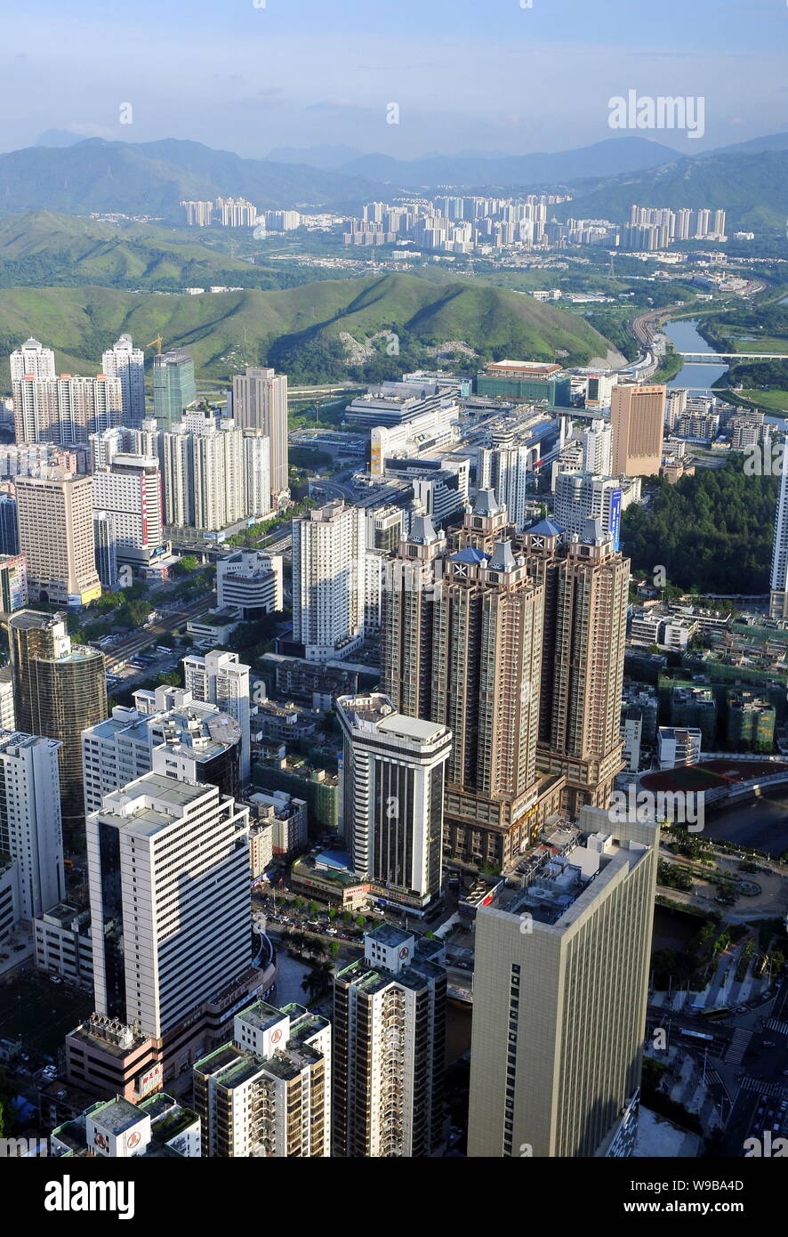 View of clusters of skyscrapers, high-rise office and residential ...