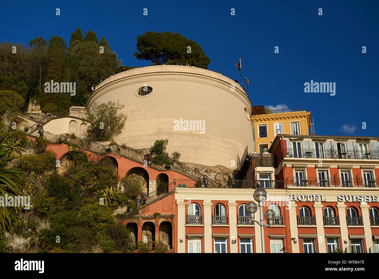 Nice, France - April 04, 2019: Evening view of Bellanda tower and hotel ...