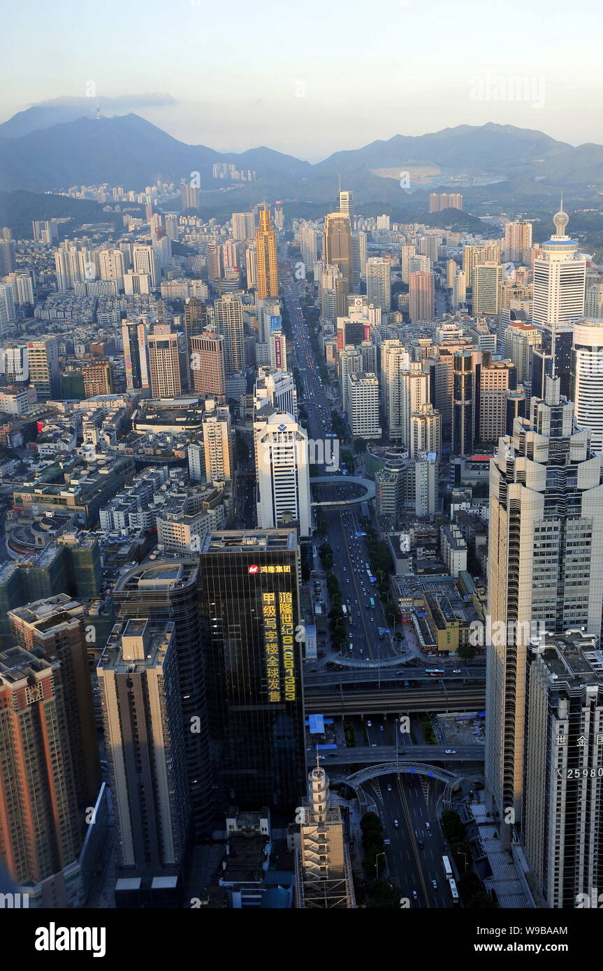 View of clusters of skyscrapers, high-rise office and residential ...