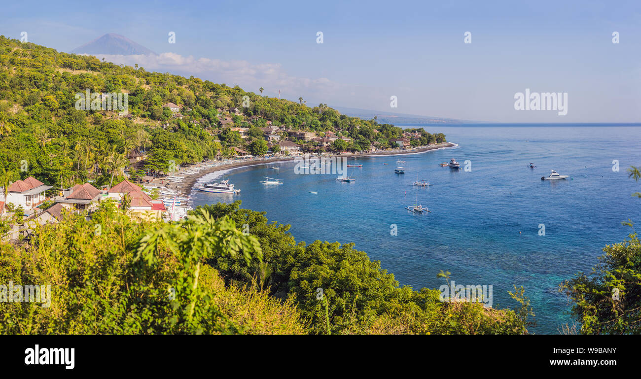 Aerial view of Amed beach in Bali, Indonesia. Traditional fishing boats ...