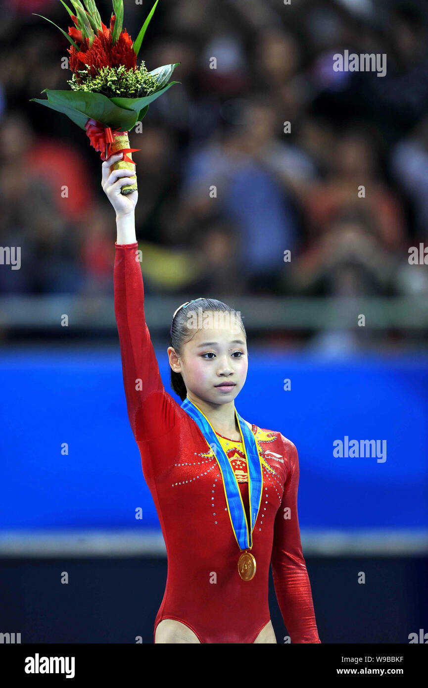 Chinas Chinas Sui Lu (gold medalist) celebrates on the podium during ...