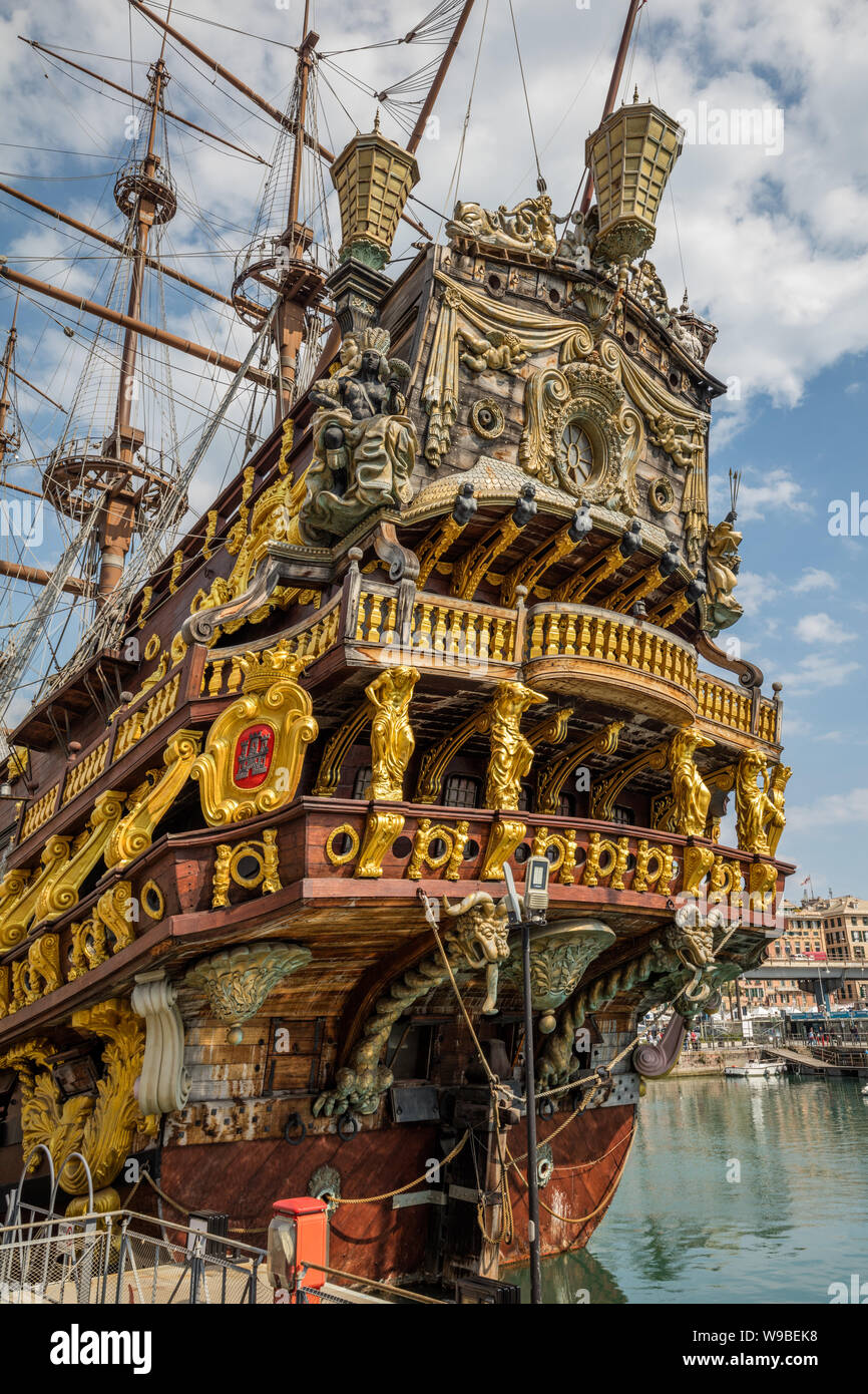 Replica of Vascello Neptune in the harbour of Genua, Italy Stock Photo ...