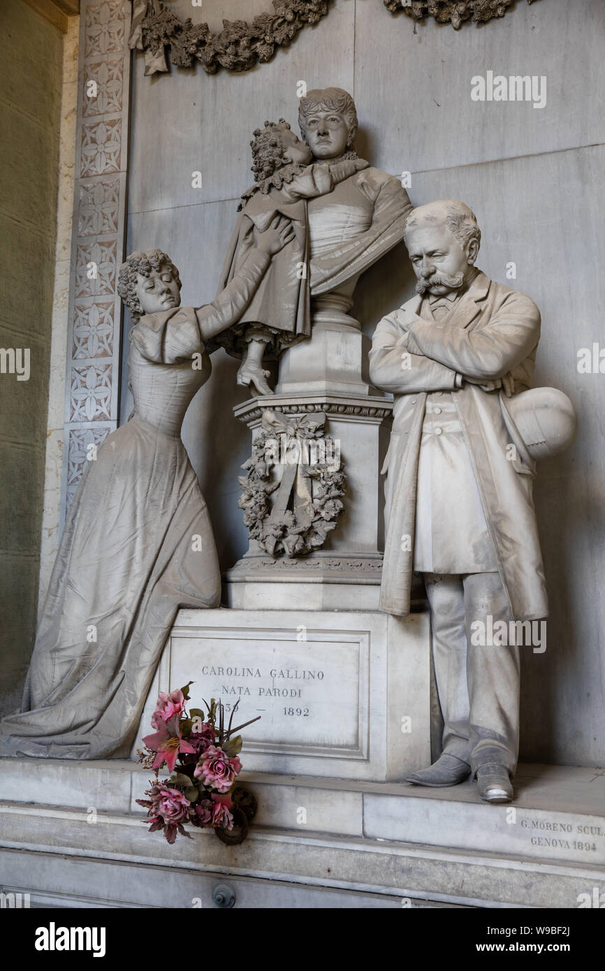 Statues of family at the Monumental Cemetery of Staglieno, Genua, Italy ...