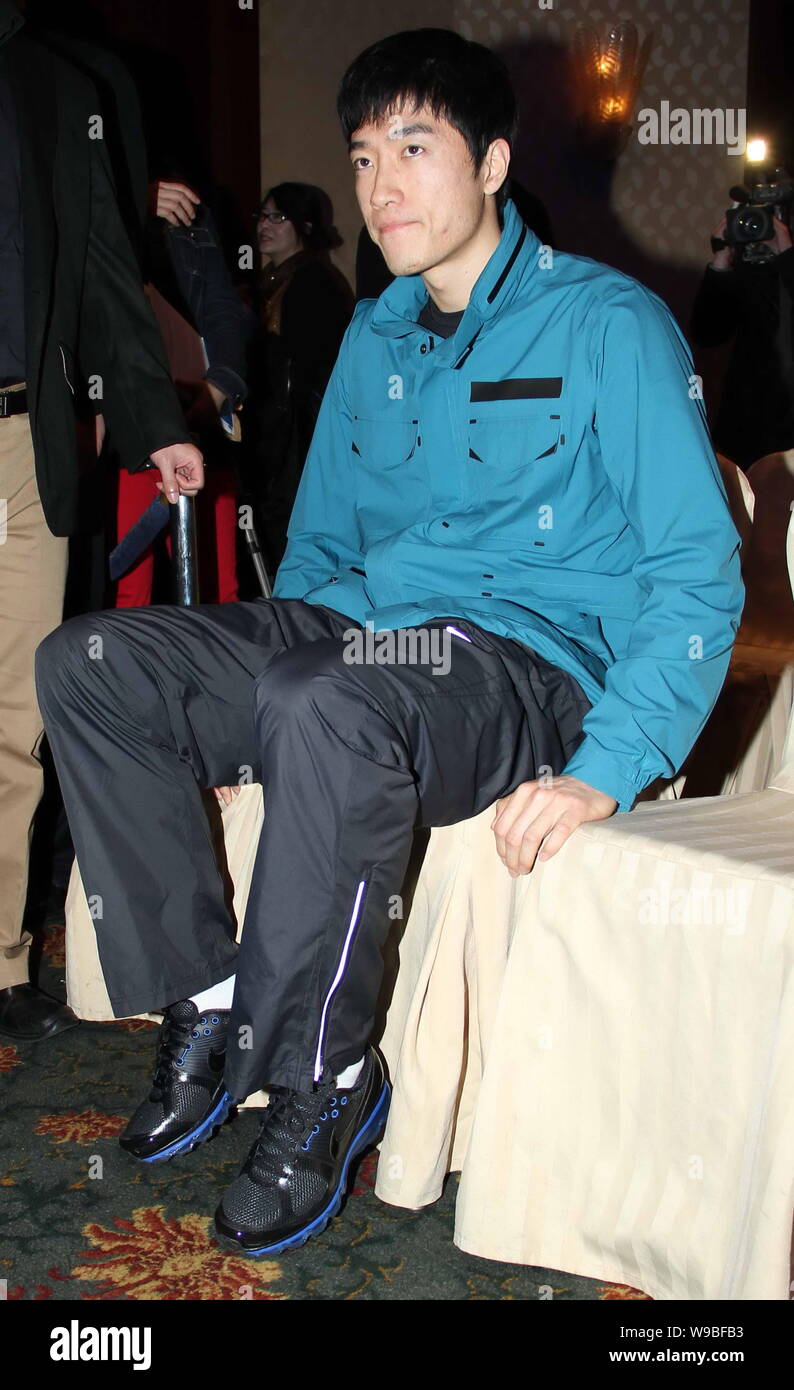 Chinese star hurdler Liu Xiang is seen during a press conference of the ...