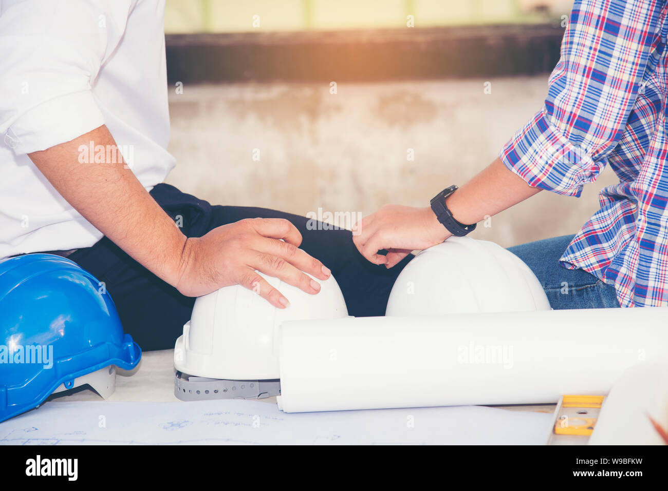 Safety helmet white yellow. Protection head safety equipment in ...