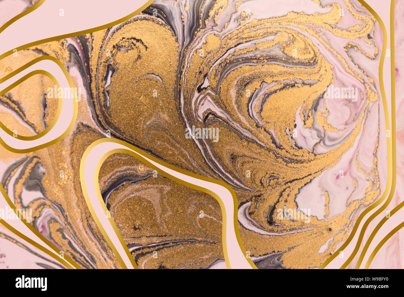 Gold marbling texture design. Pink and golden marble pattern. Fluid art ...
