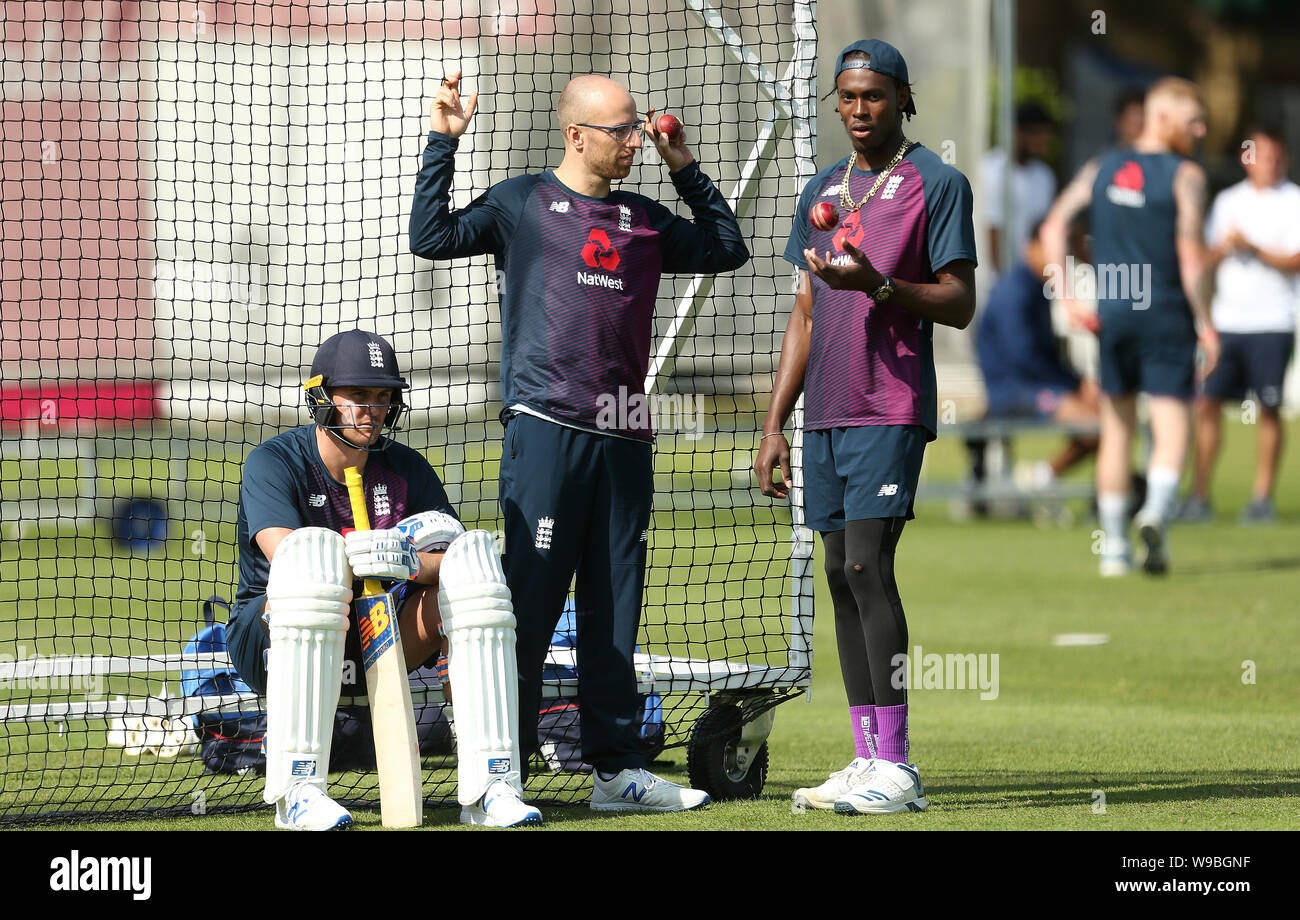 England's Jason Roy, Jack Leach and Jofra Archer during a nets session ...