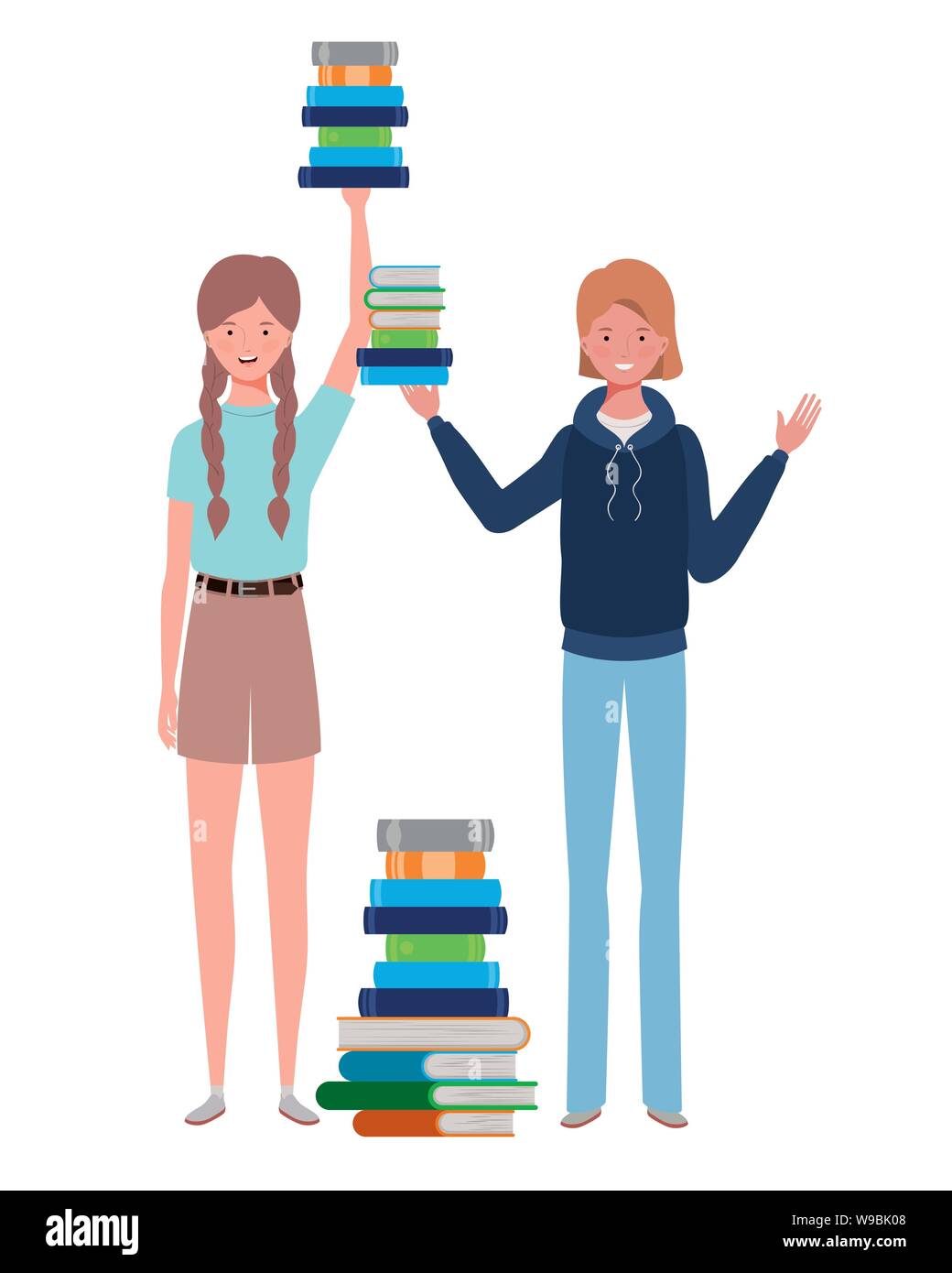women standing with stack of books on white background Stock Vector ...