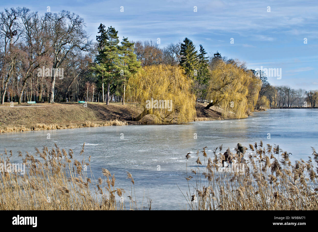 Winter landscape with lake covered with ice Stock Photo - Alamy