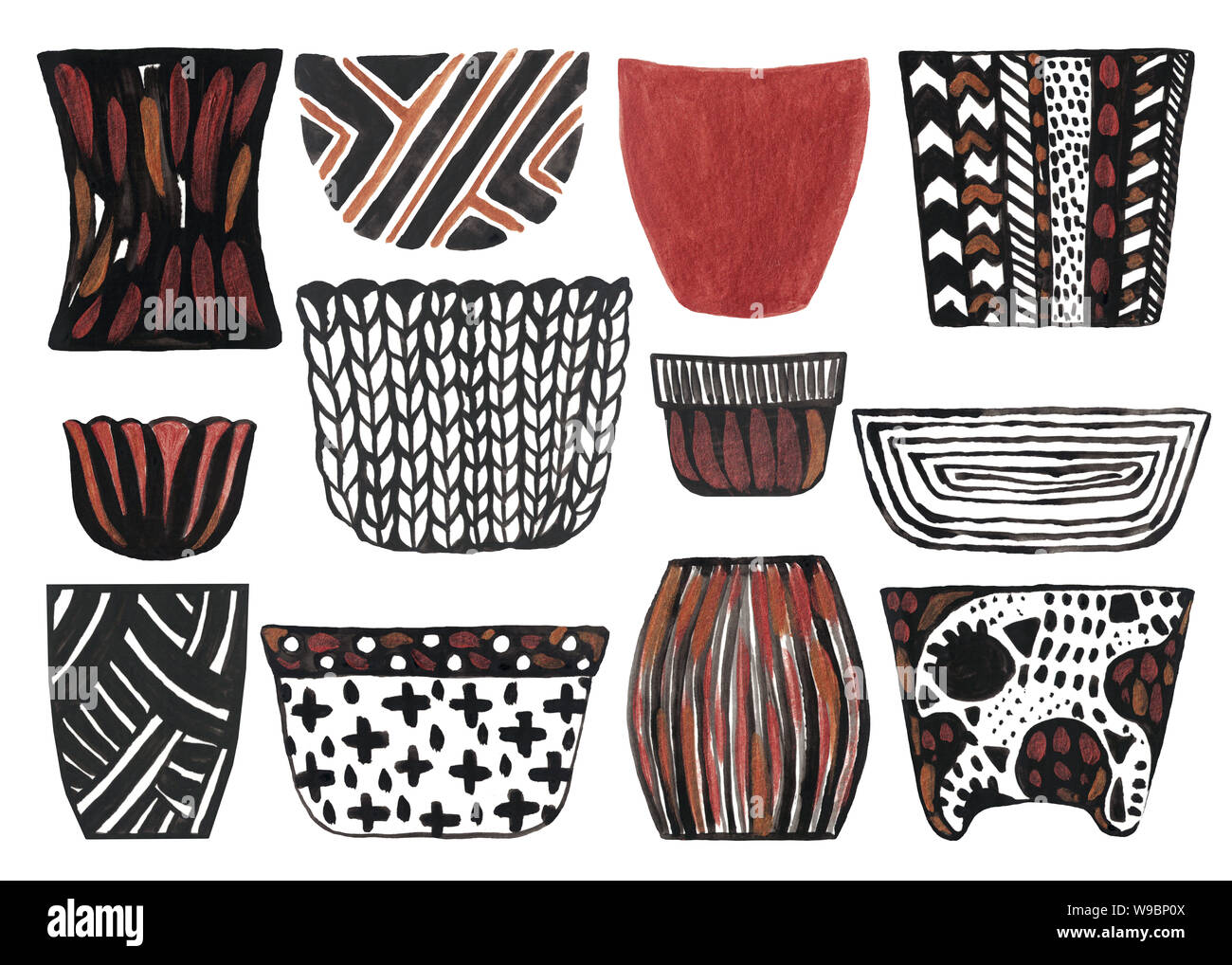 Watercolor illustration set of ceramic flower pots. Hand-painted Stock ...