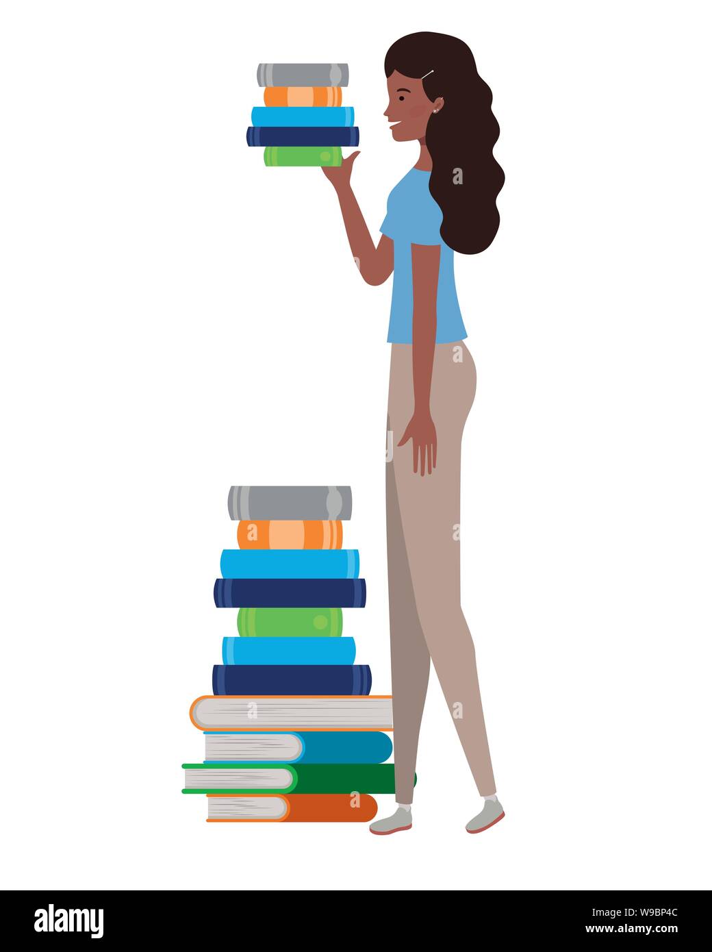 woman standing with stack of books on white background Stock Vector ...
