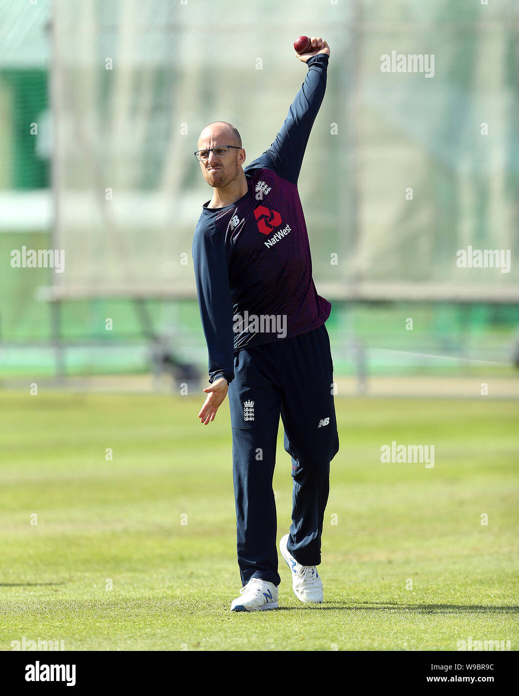 England's Jack Leach during a nets session at Lord's, London Stock ...