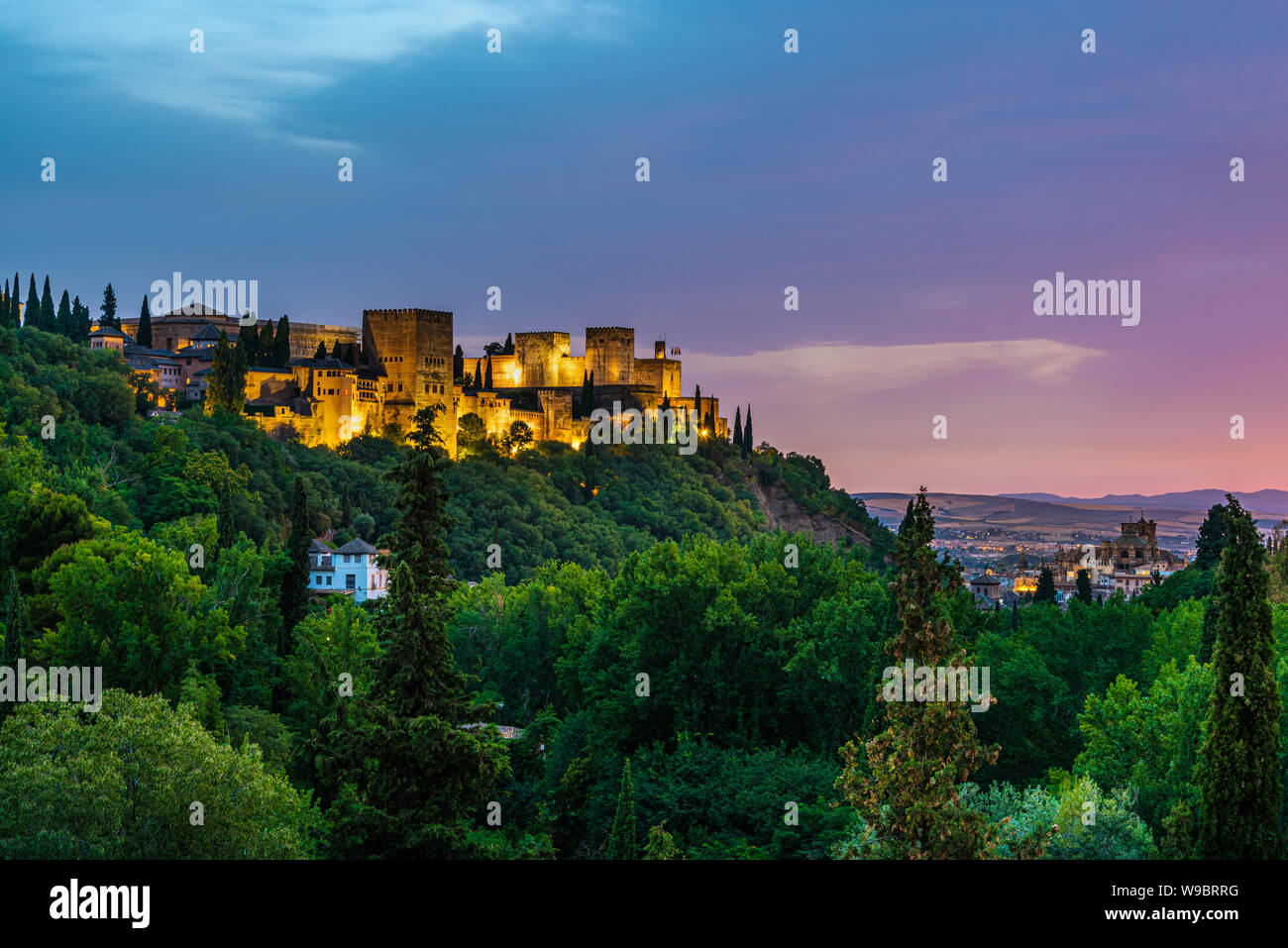 Granada, Spain, 07/08-19. Artificial lights are illuminating the facade ...
