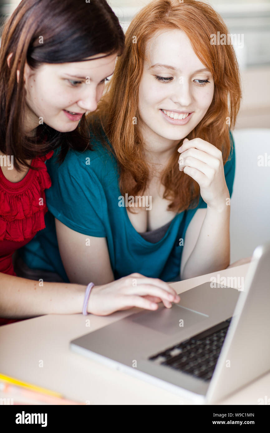 Group of female college students working on their homework/having a ...
