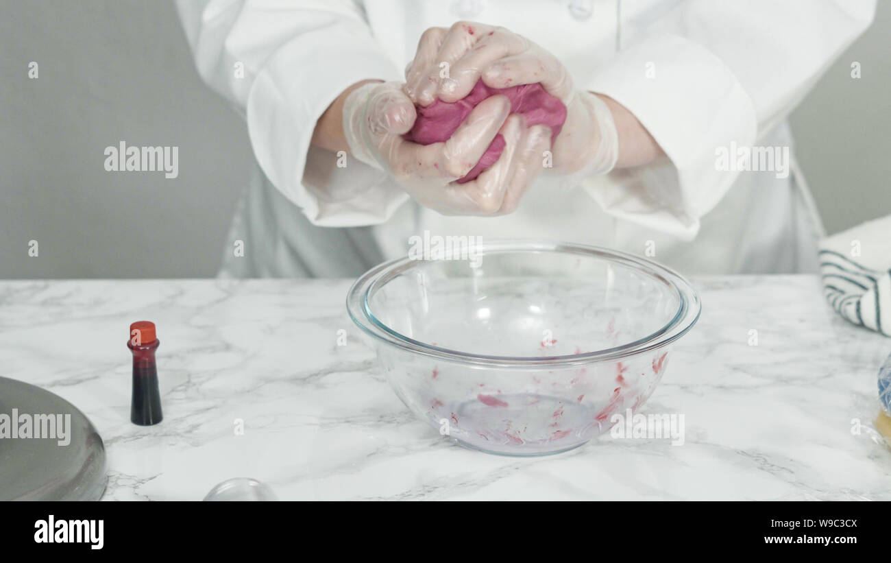 Step by step. Mixing food coloring into the cookie dough to bake red ...