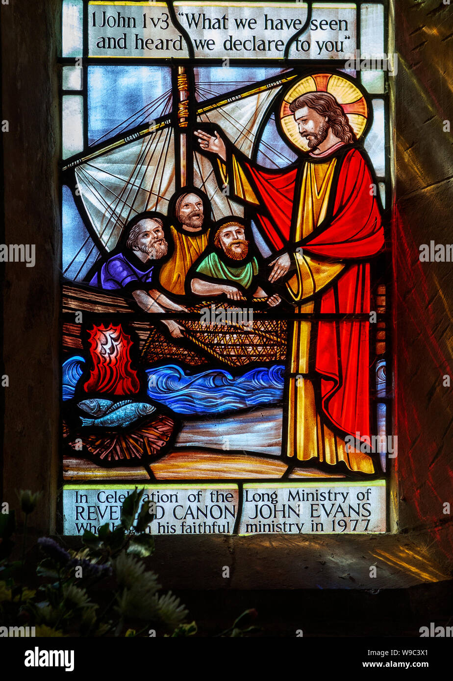 Stained glass window by Roy W Coomber, 2002, detail of Saint John ...