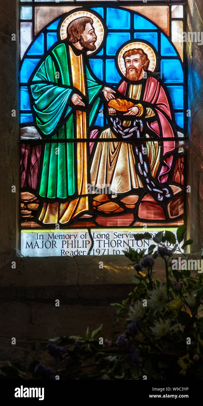 Stained glass window by Roy W Coomber, 2002, detail of Saint Luke ...