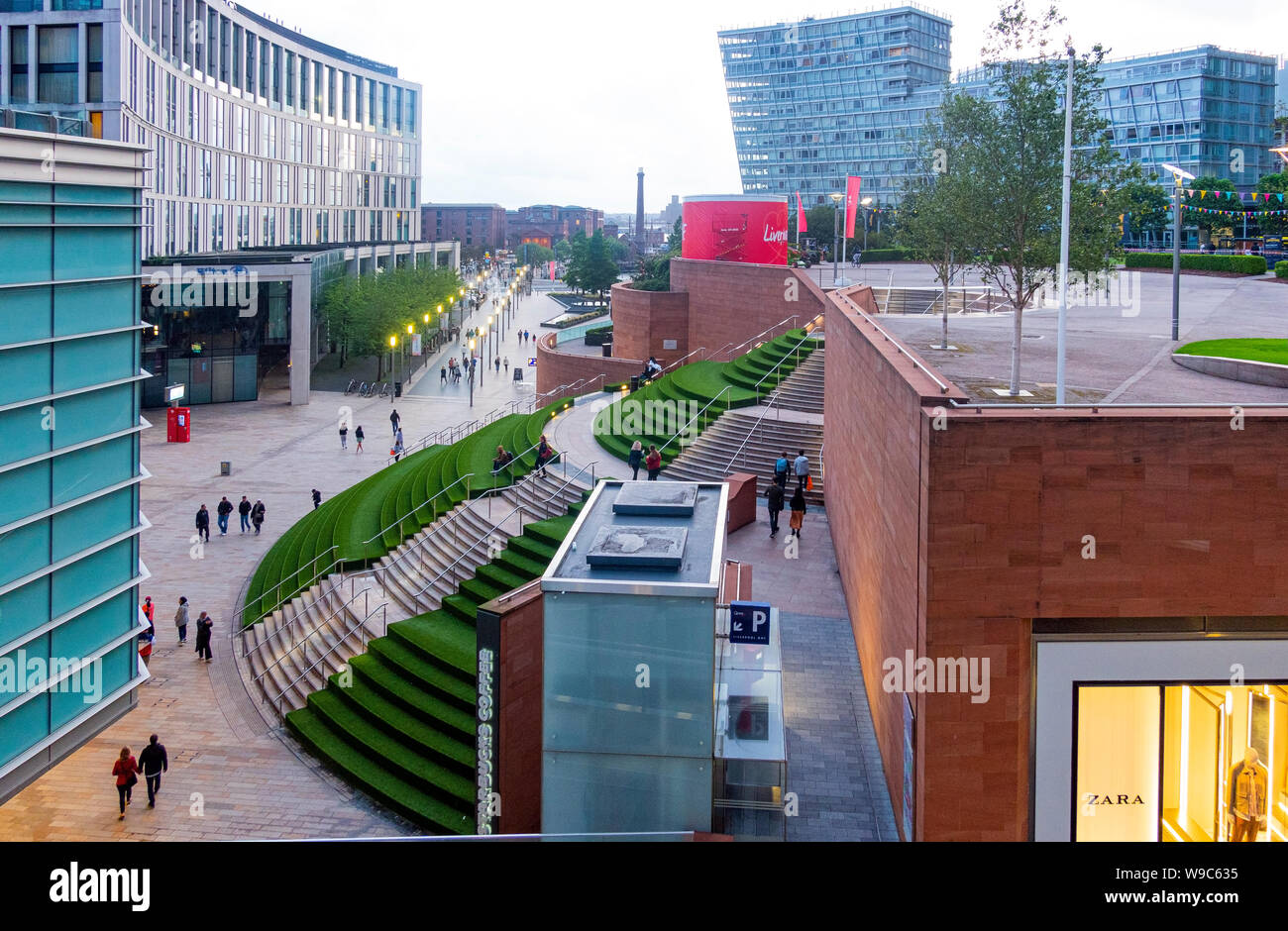 The steps to the upper level of Liverpool One at dusk in Liverpool ...