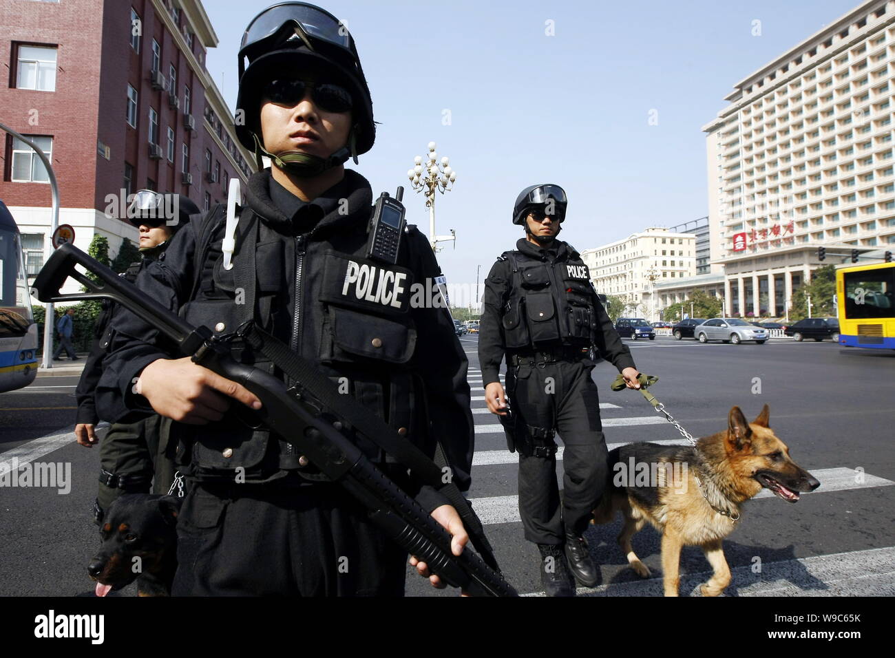 Chinese special policemen and their police dogs patrol a street in ...