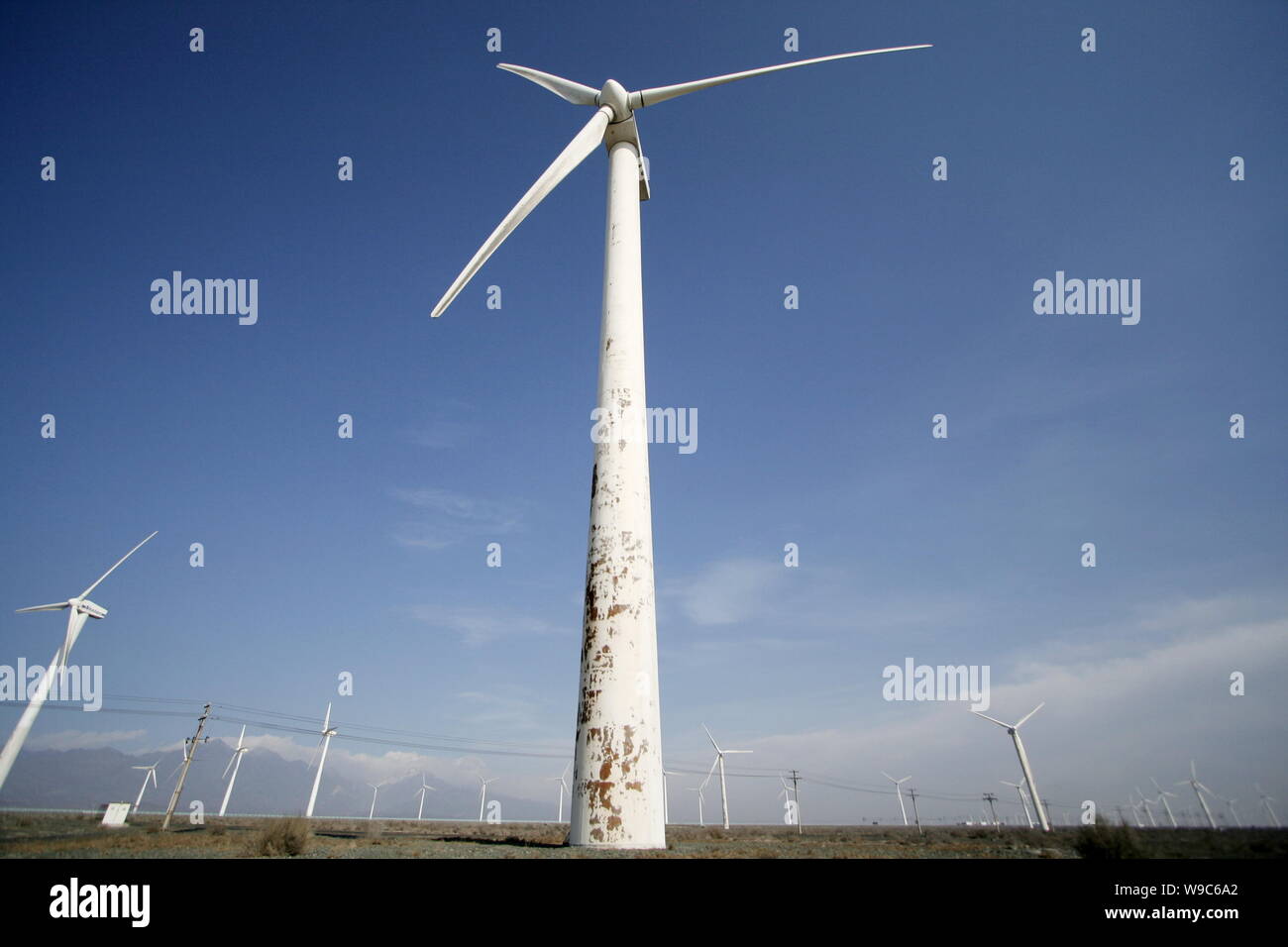 --FILE--Wind power turbines are seen at a wind farm in northwest Chinas ...