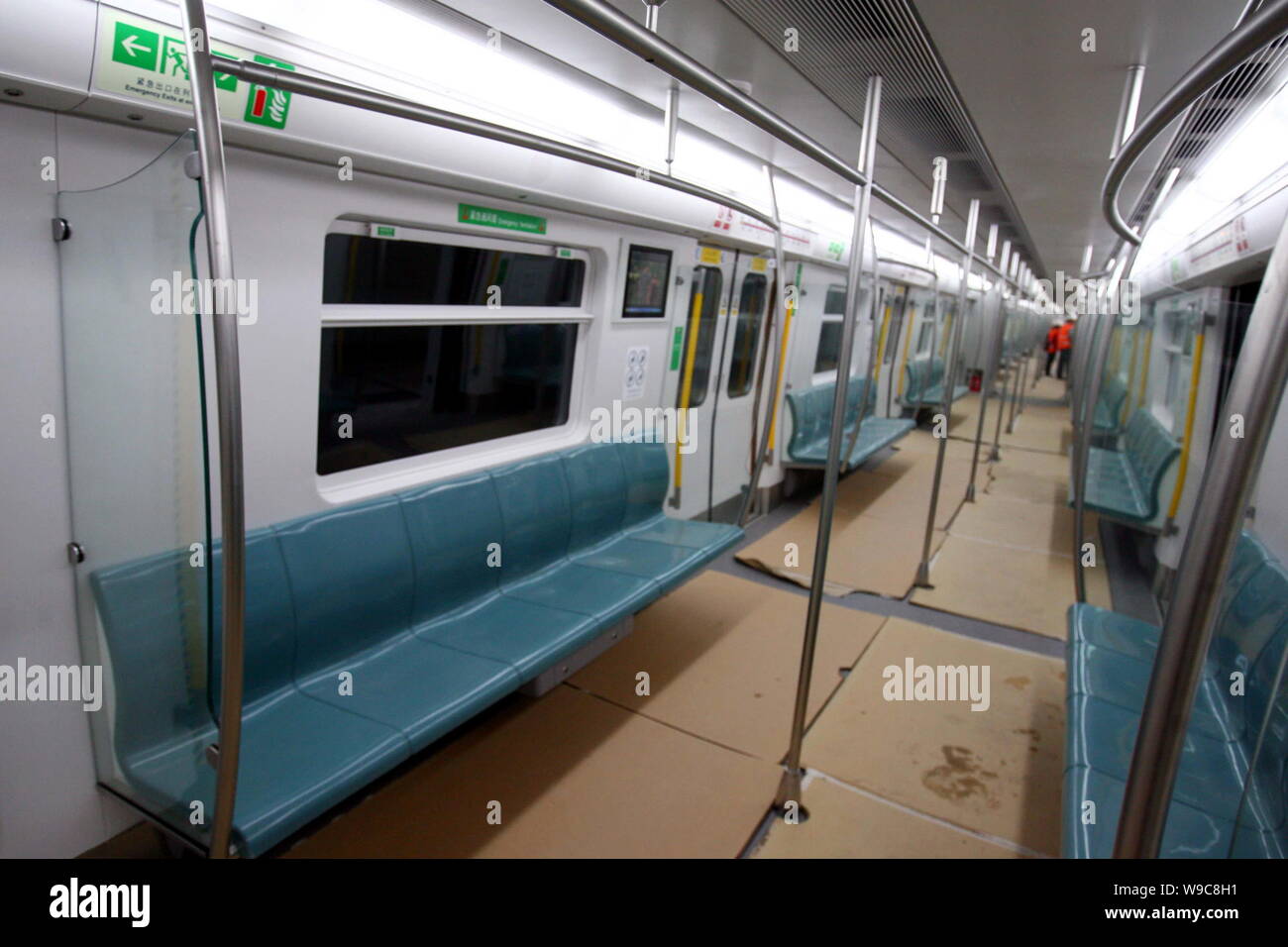 Interior of a metro train of the Beijing Metro Line 4 in Beijing, China ...