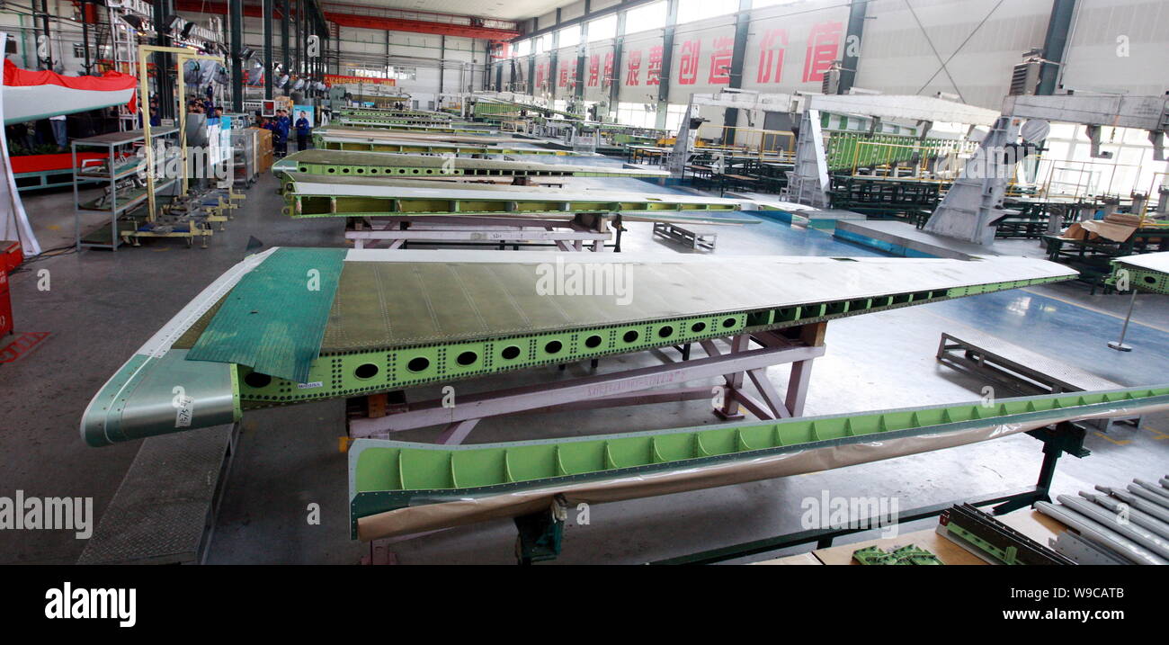 Parts of horizontal stablizers for B737-NG (Boeing 737-NG) are seen at ...