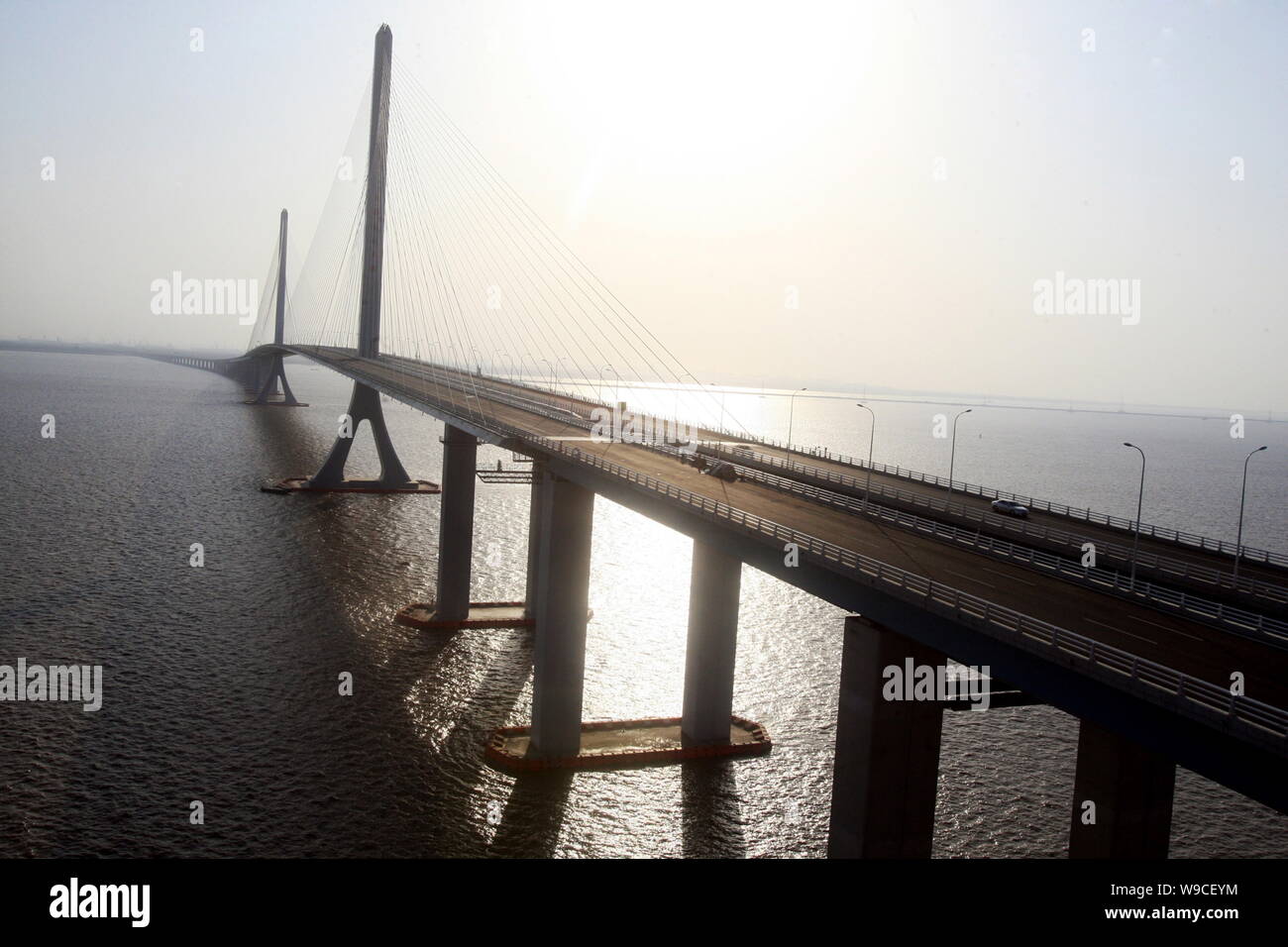 Aerial view of the Shanghai Yangtze River Bridge which links Chongming ...