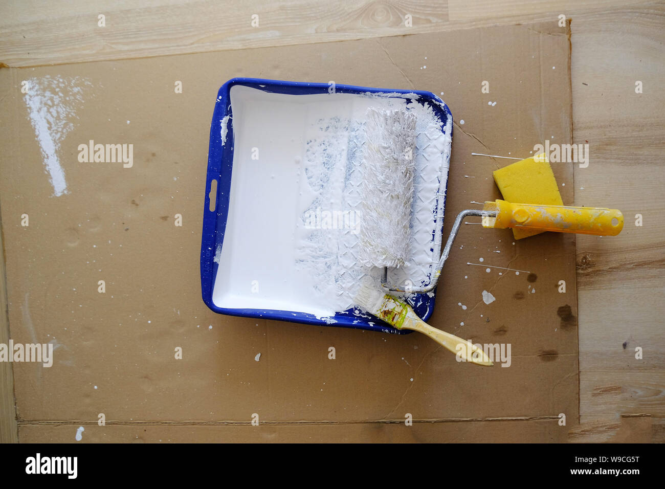white paint in a tray with a roller and a brush Stock Photo - Alamy
