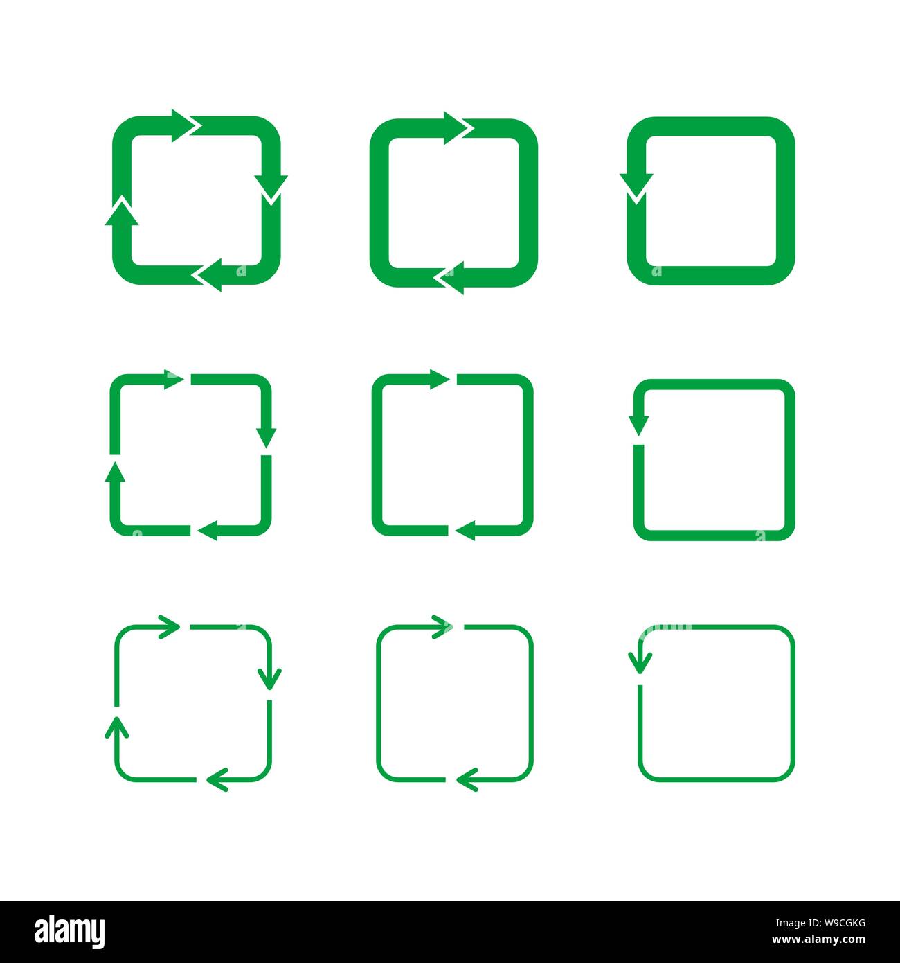 Green rectangular loop icon set on white background. Rounded square arrows representing ...