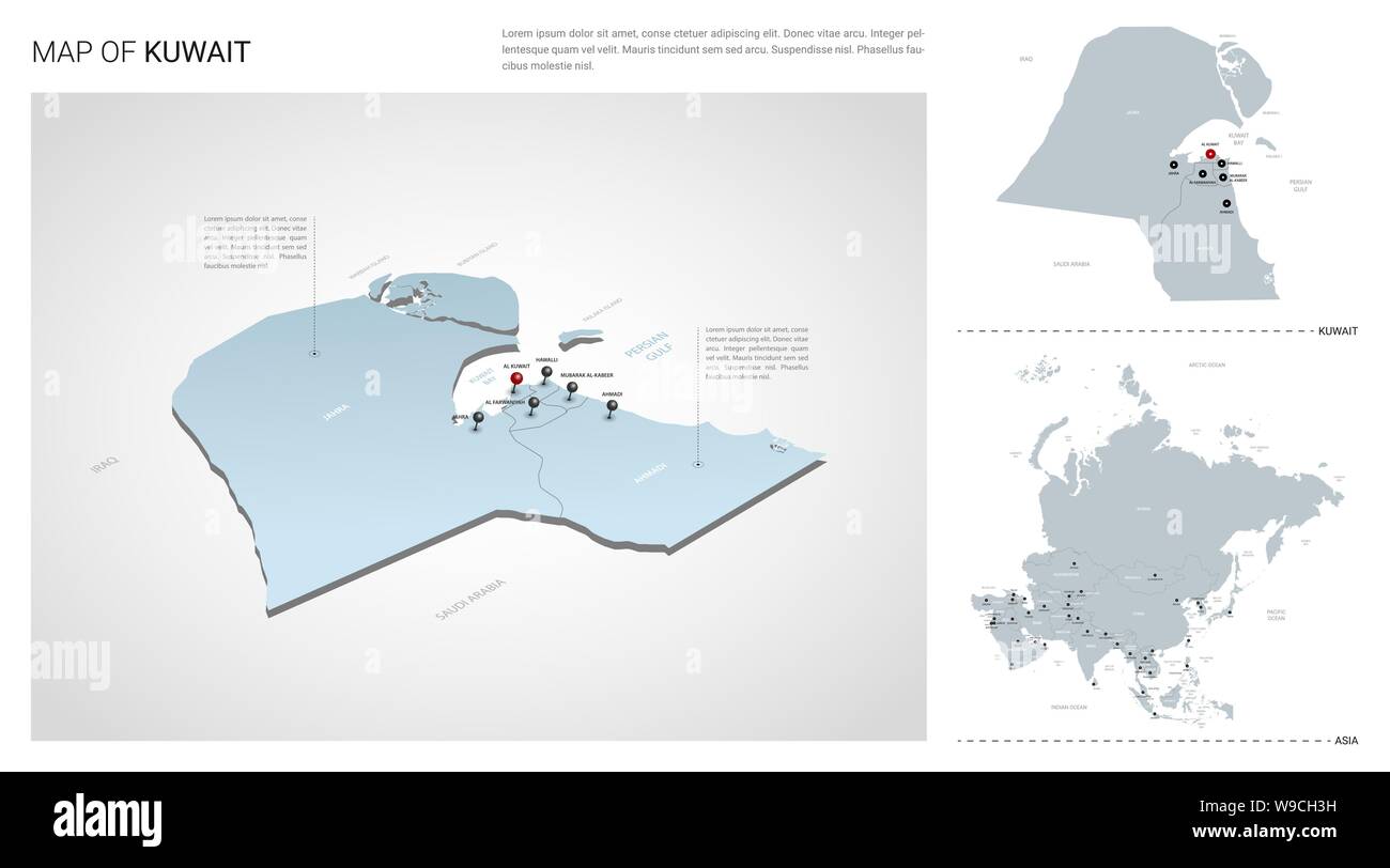 Vector set of Kuwait country. Isometric 3d map, Kuwait map, Asia map ...