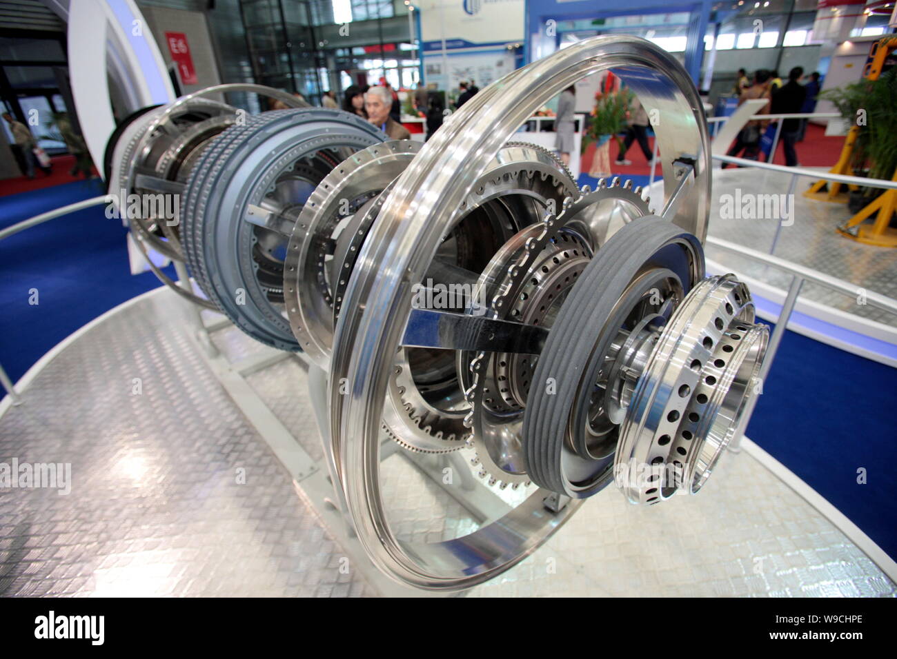 An aircraft engine is seen on display at the stand of AVIC Commercial ...