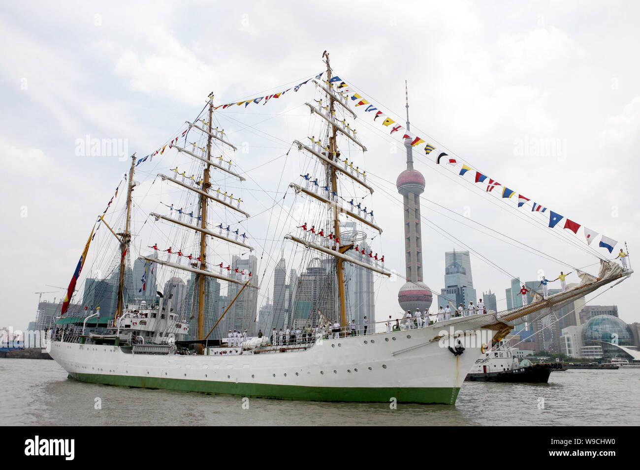 Colombian sailors are seen on sail yards of the Colombian Navy training ...