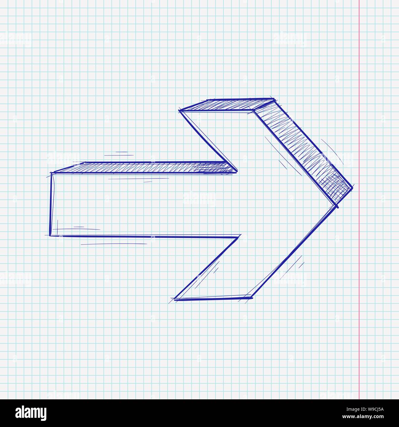 Arrow sketch. Next sign. Blue hand drawn doodle on lined paper ...