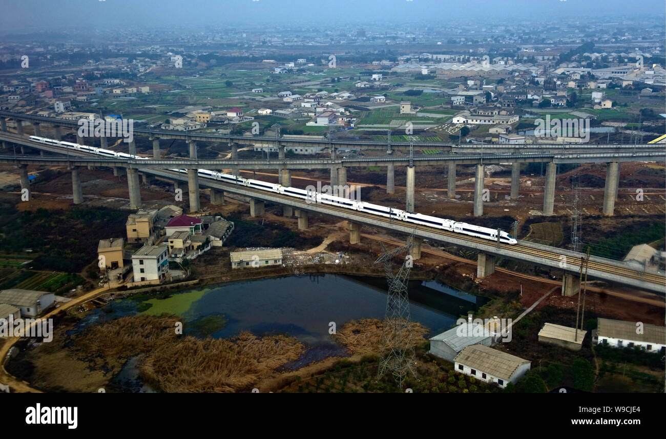 Aerial view of a CRH (China Railway High-speed) train running on the ...