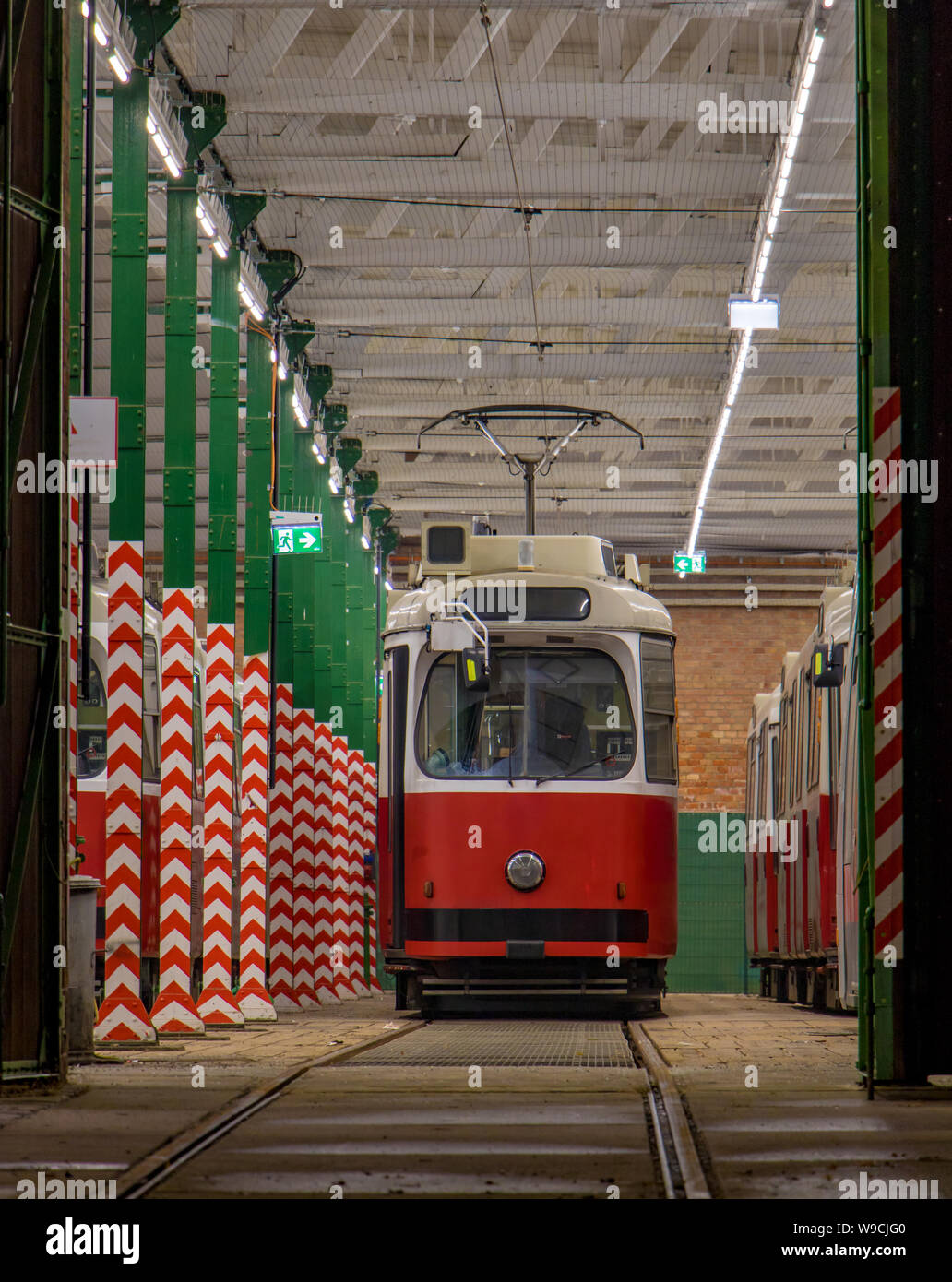Trams park in the depot. Historical tramway standing in the depot ...