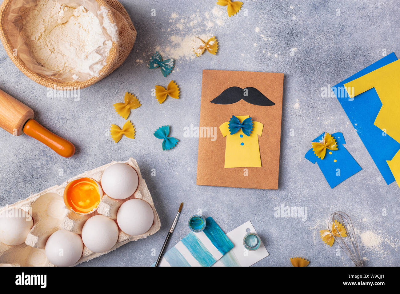 Making greeting card for Fathers Day. Shirt with butterfly from pasta ...