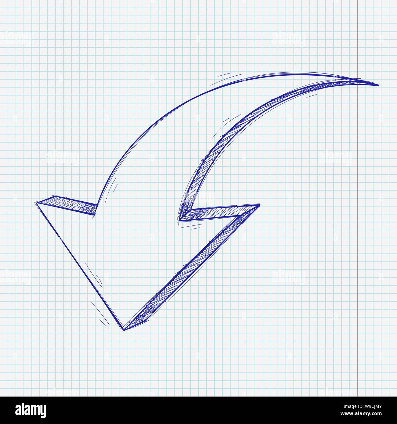Arrow sketch. Down sign. Blue hand drawn doodle on lined paper ...