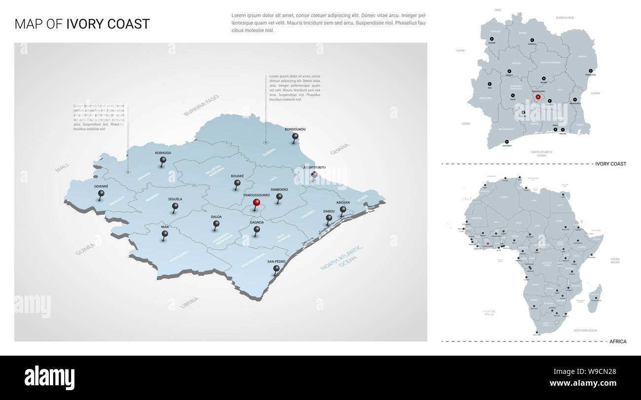 Vector set of Ivory Coast country. Isometric 3d map, Ivory Coast map ...