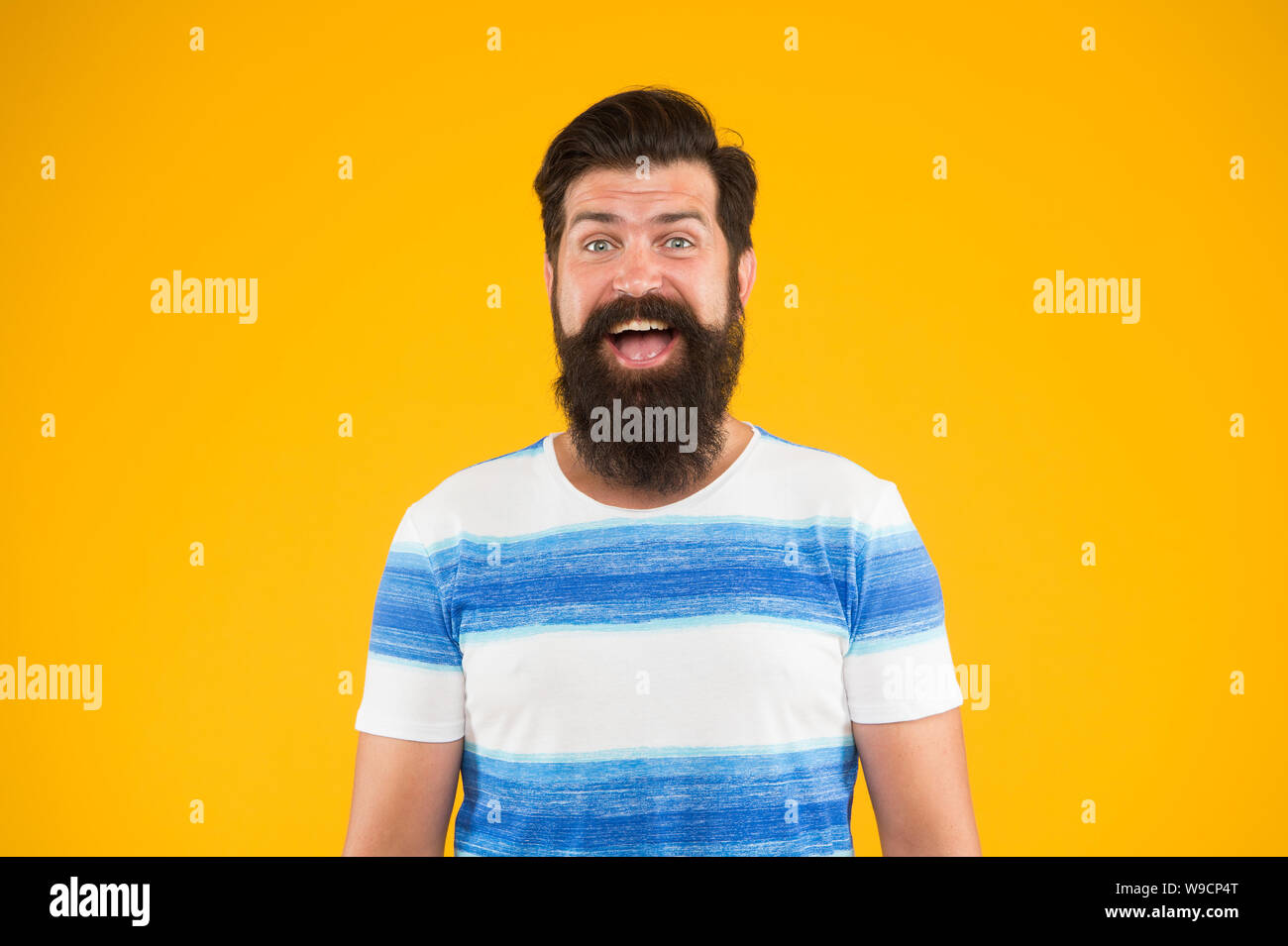 Guy dressed striped shirt on summer vacation. Barbershop concept. Man ...