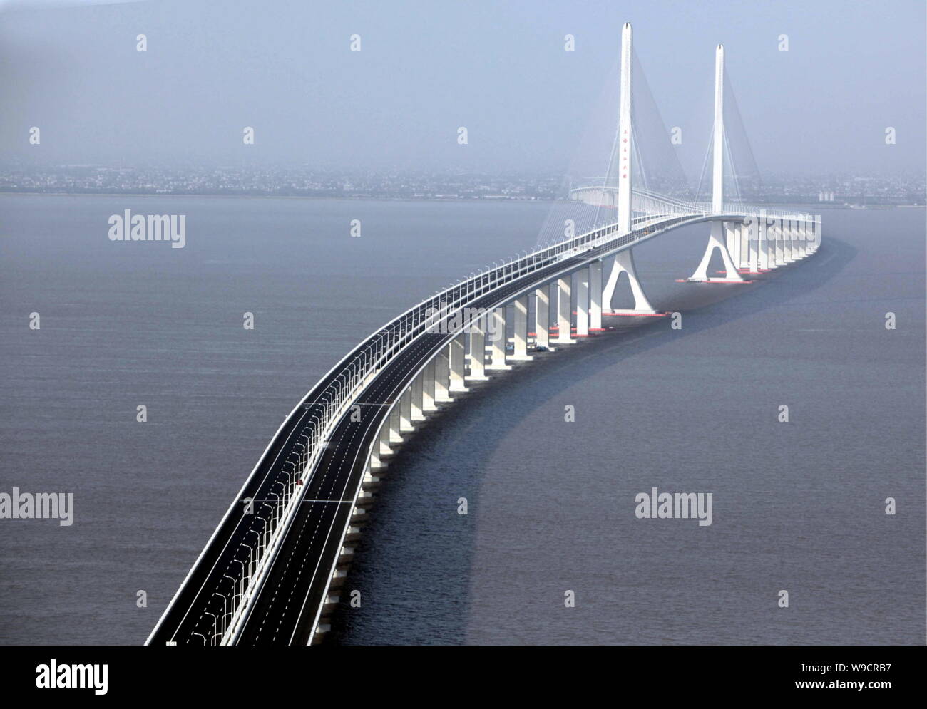 Aerial view of the Shanghai Yangtze River Bridge which links Chongming ...