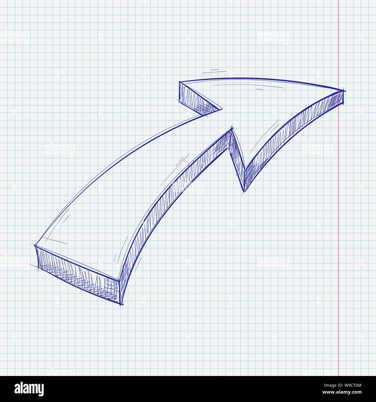 Arrow sketch. Up sign. Blue hand drawn doodle on lined paper background ...