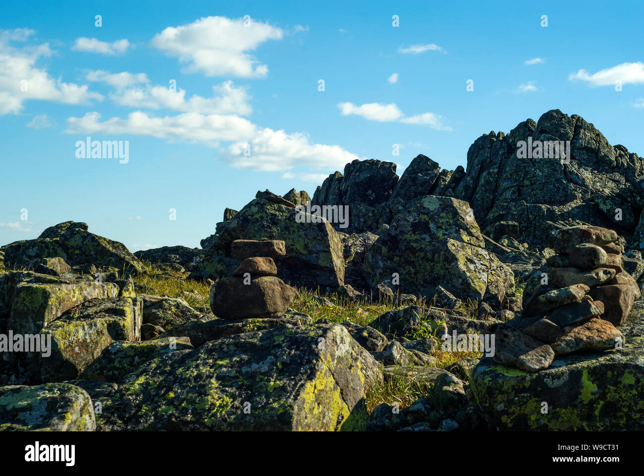 stone pyramid - a road sign for the designation of a trail in the fog ...