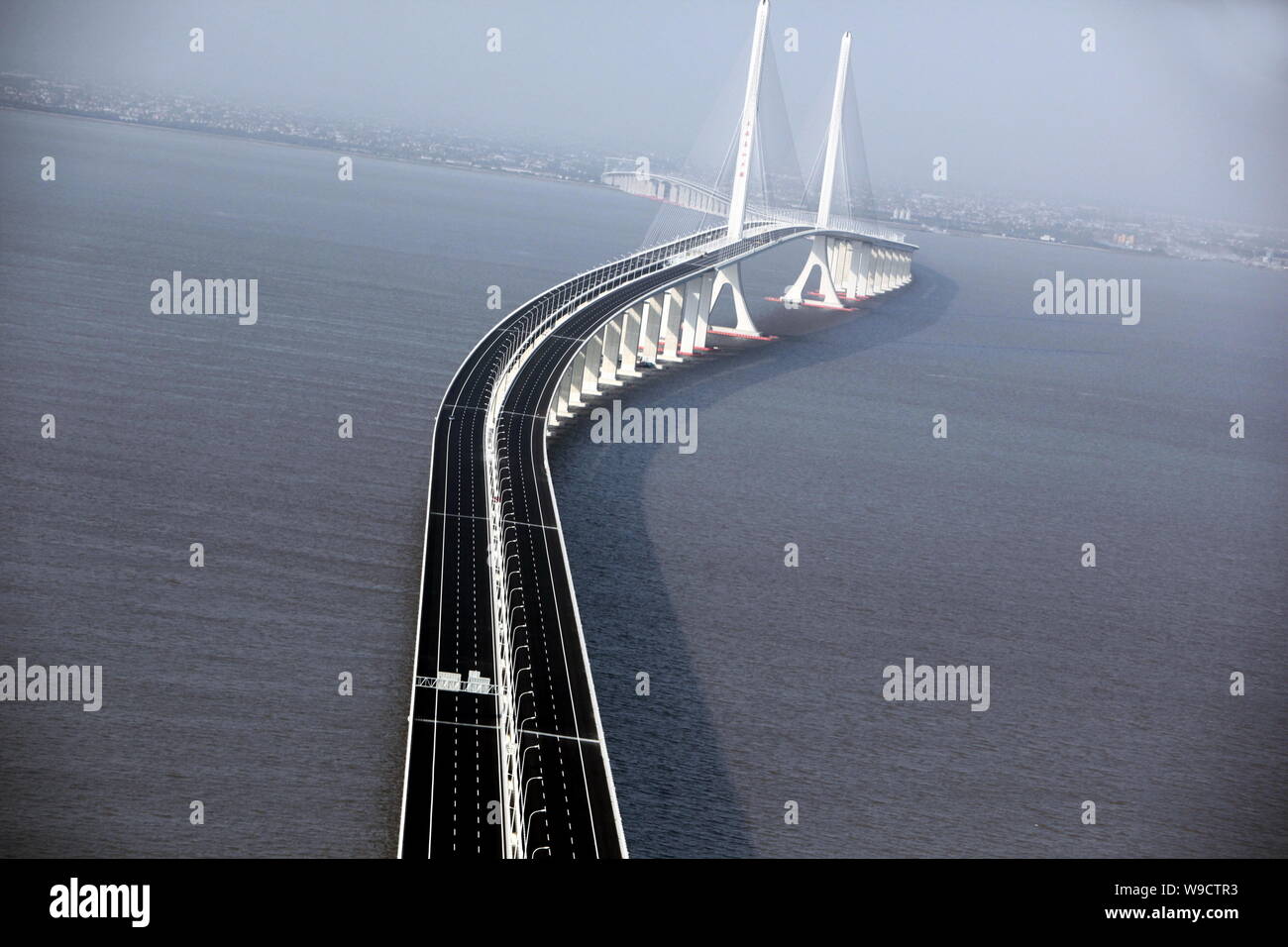 Aerial view of the Shanghai Yangtze River Bridge which links Chongming ...