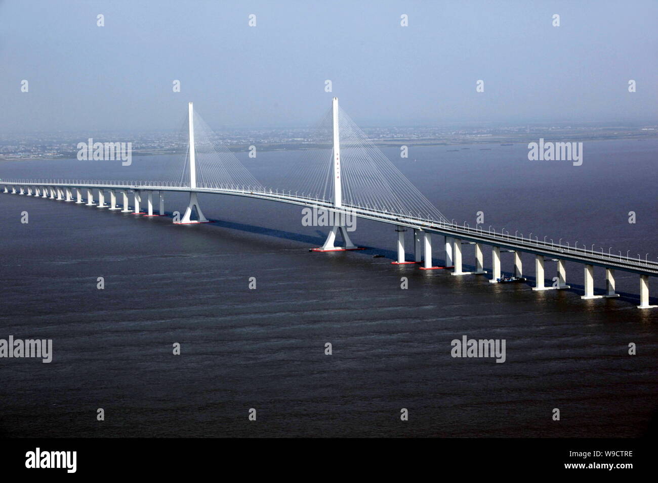 Aerial view of the Shanghai Yangtze River Bridge which links Chongming ...