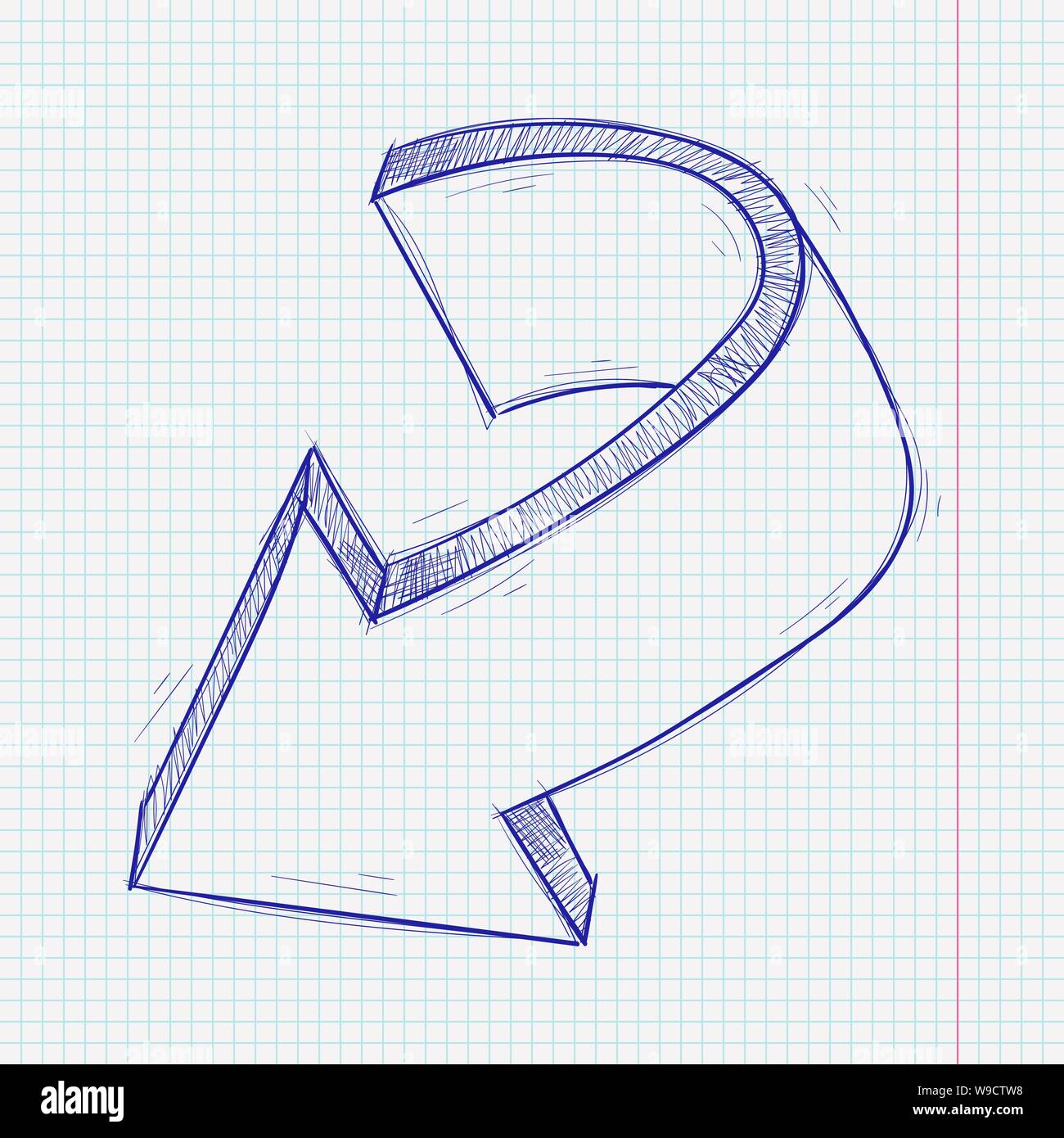 Arrow sketch. Down sign. Blue hand drawn doodle on lined paper ...