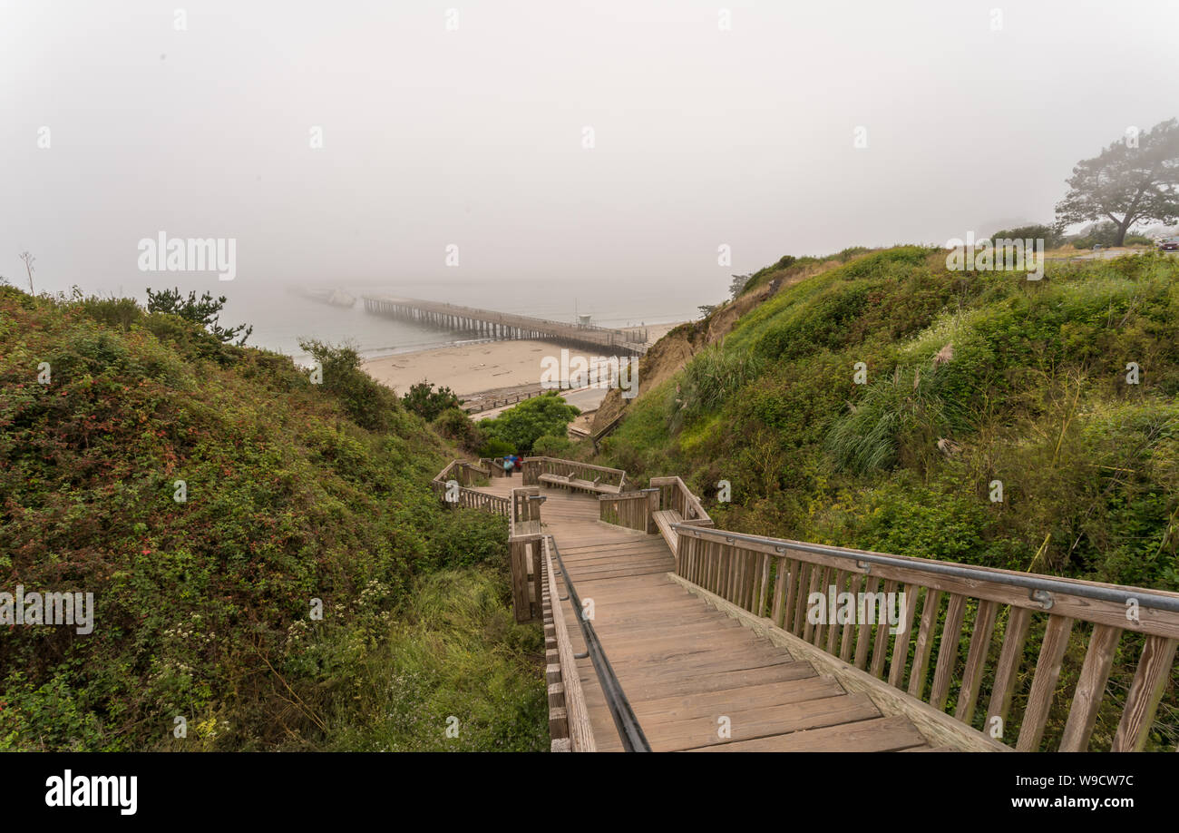 Aerial View of Long Wooden Stairs to the Beach With Fog over Pier Stock ...