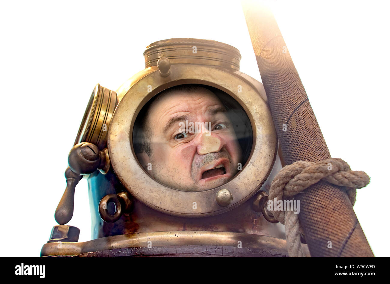 Portrait of man in old diving suit and helmet, isolated on white ...