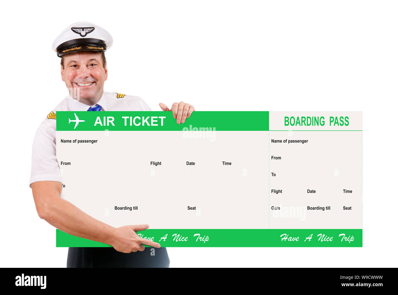 A smiling pilot hold empty air ticket, isolated on white background ...