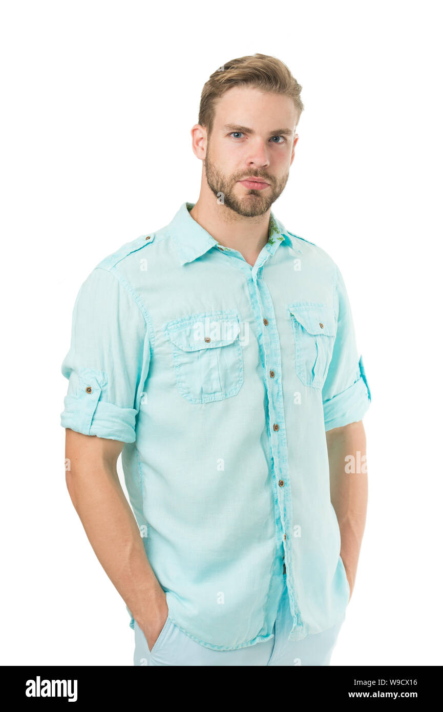 Fashion shop. Man with stylish hair and healthy skin. Guy with unshaven ...